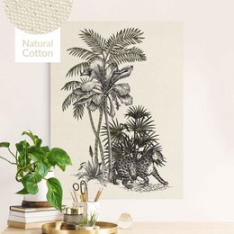 Bilderwelten Leinwandbild Tiere Vintage Kunstdruck Leinwanddruck - Vintage Illustration - Tiger und Palmen - Pflanzen XXL Wohnzimmer Schlafzimmer