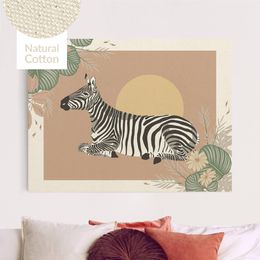 Bilderwelten Leinwandbild Tiere Tropisch Kunstdruck Leinwanddruck - Safari Tiere - Zebra im Sonnenuntergang - Pflanzen XXL Jugendzimmer