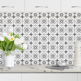 Küchenrückwand Fliesenoptik Geometrischer Fliesenmix Blume Grau
