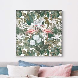 Wechselbild Rosa Flamingos mit Bl&auml;ttern und wei&szlig;en Blumen