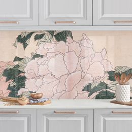 K&uuml;chenr&uuml;ckwand Katsushika Hokusai - Rosa Pfingstrosen mit Schmetterling