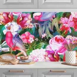 Bilderwelten K&uuml;chenr&uuml;ckwand selbstklebend bunt Tiere Tropisch - Bunte Tropische Blumen mit V&ouml;geln Pink II - Rose Spritzschutz nach Ma&szlig;