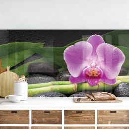 K&uuml;chenr&uuml;ckwand Gr&uuml;ner Bambus mit Orchideenbl&uuml;te