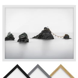 Bilderwelten Bild mit Rahmen Natur schwarz weiss Motiv inkl. Rahmung - Meoto Iwa - die verheirateten Felsen - Asia Wohnzimmer Schlafzimmer