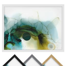 Bilderwelten Bild mit Rahmen originell petrol Abstrakt Aquarell - Goldener Waldspaziergang - Deko Wohnzimmer Schlafzimmer