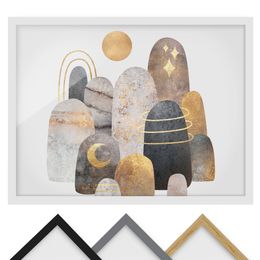 Bilderwelten Bild mit Rahmen originell grau Abstrakt inkl. Rahmung - Gold Berge mit Mond - Deko Wohnzimmer Schlafzimmer