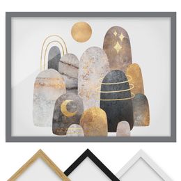Bilderwelten Bild mit Rahmen Gold Berge mit Mond