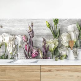 Küchenrückwand Botanik Tulpen-Rose Shabby Holzoptik