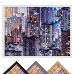 Bilderwelten Bild mit Rahmen Stadt grau Motiv inkl. Rahmung - Hongkong Lichtermeer - Asia Wohnzimmer Schlafzimmer