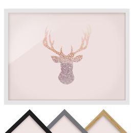 Bilderwelten Bild mit Rahmen Tiere rosa Illustration inkl. Rahmung - Glitzernder Hirsch - Hirsch Wohnzimmer Schlafzimmer