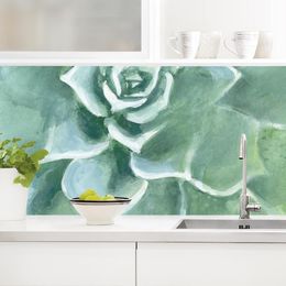 Bilderwelten Küchenrückwand selbstklebend grün Blumen Tropisch Aquarell - Sukkulente Aquarell Dunkel - Wandfolie Spritzschutz nach Maß