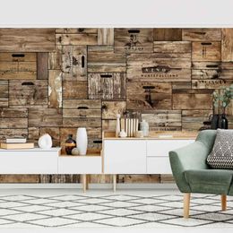 Bilderwelten Fototapete Vliestapete Vintage Holzoptik braun - Vintage Holzkisten - Retro Wohnzimmer Schlafzimmer