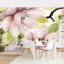 Bilderwelten Tapete Blumen - Magnolie II - Rosa Ast Zweig Fototapete Malerei Aquarell florale Blumentapete - Wandtapete Schlafzimmer Wohnzimmer