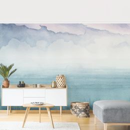 Bilderwelten Fototapete Strand Abstrakt Aquarell t&uuml;rkis - D&auml;mmerung auf der Bucht I - Landschaft Wohnzimmer Schlafzimmer