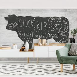 Bilderwelten Fototapete Tiere Illustration Wandtapete schwarz weiss - Metzger Schautafel - Rind - Spr&uuml;che K&uuml;che