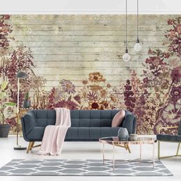 Bilderwelten Fototapete Blumen Vintage Holzoptik beige - Vintage Blumen Holzoptik - Retro Wohnzimmer Schlafzimmer