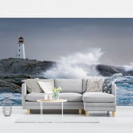 Bilderwelten Tapete - Fototapete Strand - Sturmwellen am Leuchtturm - Wandtapete Schlafzimmer Wohnzimmer modern - auch kleisterfrei