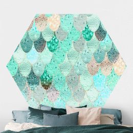 Bilderwelten Hexagon Tapete Vliestapete Illustration Aquarell violett - Meerjungfrauen Magie in Mint - Deko Wohnzimmer Schlafzimmer
