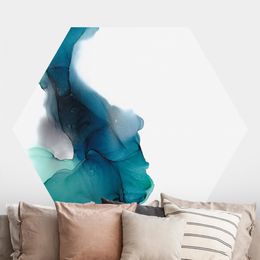 Bilderwelten Hexagon Tapete originell Abstrakt Aquarell blau - Ozeantropfen T&uuml;rkis mit Gold - Deko Wohnzimmer Schlafzimmer