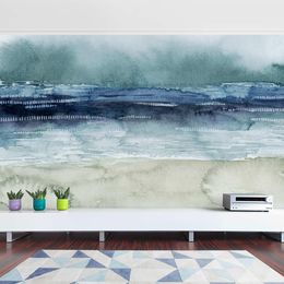 Bilderwelten Fototapete Strand Abstrakt Aquarell blau - Mariner Nebel I - Deko Wohnzimmer Schlafzimmer