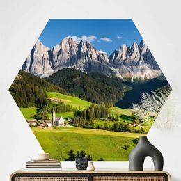 Bilderwelten Hexagon Tapete Wald Motiv Wandtapete blau - Geislerspitzen in S&uuml;dtirol - Berg Wohnzimmer Schlafzimmer