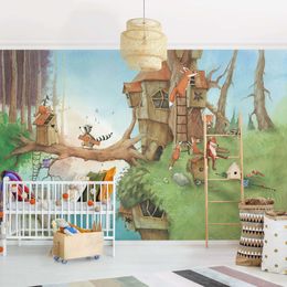 Bilderwelten Fototapete Wald Illustration Aquarell braun - Wassili Waschb&auml;r - Wassili und Familie Fuchs - B&auml;ume Kinderzimmer Baby M&auml;dchen Jungen