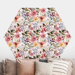 Bilderwelten Hexagon Tapete Blumen Illustration Aquarell bunt - Bunter Blumenmix mit Aquarell - Deko Wohnzimmer Schlafzimmer