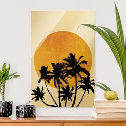 Bilderwelten Glasbild Natur Tropisch gold Glas Wandbild - Palmen vor goldener Sonne - Sonnenuntergang Wohnzimmer Schlafzimmer