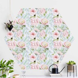Bilderwelten Hexagon Tapete originell Tropisch Wandtapete pastell - Pastell Blumen Rosa Blau - Rose Wohnzimmer Schlafzimmer