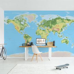 Bilderwelten Tapete - Fototapete Physische Weltkarte - Wandtapete Schlafzimmer Wohnzimmer modern - auch kleisterfrei