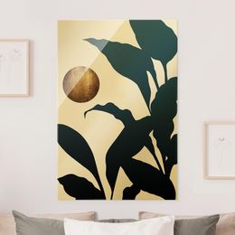 Bilderwelten Glasbild Tropisch petrol Glas Wandbild - Goldener Mond im Dschungel - Deko Wohnzimmer Schlafzimmer