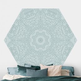 Bilderwelten Hexagon Tapete Spirituell Orientalisch Wandtapete blau - Zackige Mandalablume mit Stern in T&uuml;rkis - Ornamente Wohnzimmer Schlafzimmer