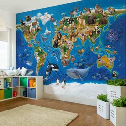 Bilderwelten Fototapete Tiere Illustration Wandtapete bunt - Weltkarte mit Tieren - Karten Kinderzimmer Baby M&auml;dchen Jungen