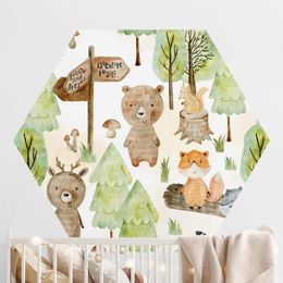 Bilderwelten Hexagon Tapete Wald Illustration Aquarell gr&uuml;n - Fuchs und B&auml;r mit B&auml;umen - B&auml;ume Kinderzimmer Baby M&auml;dchen Jungen