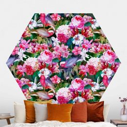 Bilderwelten Hexagon Tapete Tiere Tropisch Wandtapete bunt - Bunte Tropische Blumen mit V&ouml;geln Pink - Rose Wohnzimmer Schlafzimmer