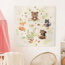 Bilderwelten Leinwandbild Wald Illustration Aquarell bunt - Waldtiere Herbst Fuchs B&auml;r Eichh&ouml;rnchen Waschb&auml;r - B&auml;ume XXL Kinderzimmer Baby M&auml;dchen Jungen