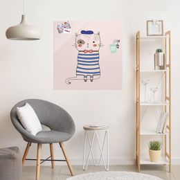 Bilderwelten Glasbild Tiere Illustration rosa Glas Wandbild - Katze in Frankreich - Katze Kinderzimmer Baby M&auml;dchen Jungen