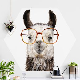 Bilderwelten Hexagon Tapete Tiere Illustration Wandtapete weiss - Hippes Lama mit Brille IV - Deko Wohnzimmer Schlafzimmer