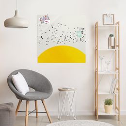Bilderwelten Glasbild Natur modern gelb Glas Wandbild - Vogelschwarm vor gelber Sonne - Sonnenuntergang Wohnzimmer Schlafzimmer