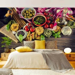 Bilderwelten Fototapete Kulinarisch Motiv Holzoptik bunt - Pasta - Gem&uuml;se K&uuml;che