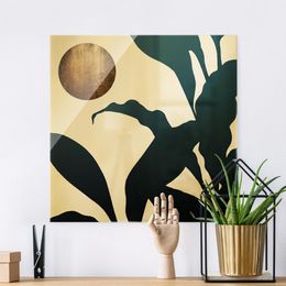 Bilderwelten Glasbild Tropisch petrol Glas Wandbild - Goldener Mond im Dschungel - Deko Wohnzimmer Schlafzimmer