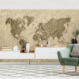 Bilderwelten Fototapete Weltkarte modern Wandtapete beige - Papier Weltkarte Beige Braun - Karten Wohnzimmer Schlafzimmer