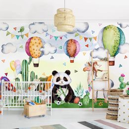 Bilderwelten Fototapete Tiere Illustration Aquarell gr&uuml;n - Panda und Lama Aquarell - Deko Kinderzimmer Baby M&auml;dchen Jungen