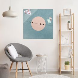 Bilderwelten Glasbild Natur modern petrol Aquarell - V&ouml;gel vor rosa Sonne I - Sonnenuntergang Wohnzimmer Schlafzimmer