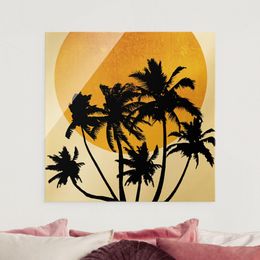 Bilderwelten Glasbild Natur Tropisch gold Glas Wandbild - Palmen vor goldener Sonne - Sonnenuntergang Wohnzimmer Schlafzimmer