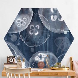 Bilderwelten Hexagon Tapete Tiere maritim Aquarell blau - Mondmedusen II - Deko Wohnzimmer Schlafzimmer