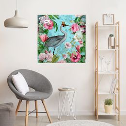 Bilderwelten Glasbild Blumen Vintage bunt Glas Wandbild - Vintage Collage - Kranich mit Krone - Retro Wohnzimmer Schlafzimmer