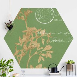 Bilderwelten Hexagon Tapete Spr&uuml;che Vintage Wandtapete gr&uuml;n - Goldene Bl&auml;tter auf Lind I - Pflanzen Wohnzimmer Schlafzimmer