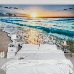 Bilderwelten Fototapete Strand Motiv Wandtapete blau - Sonnenuntergang am Strand - K&uuml;ste Wohnzimmer Schlafzimmer