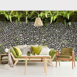 Bilderwelten Fototapete Vliestapete Landhaus 3D-Effekt einzigartig - Steinwand mit Pflanzen - Beton Wohnzimmer Schlafzimmer
